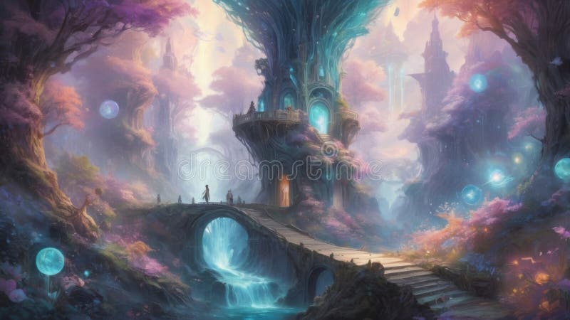 A Fantasy Landscape with a Magical Tree and a Waterfall Stock ...