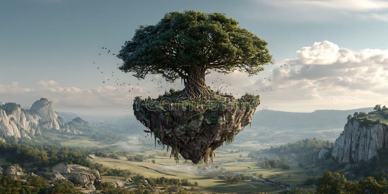 Fantasy Landscape Majestic Floating Island Tree Artwork Stock ...