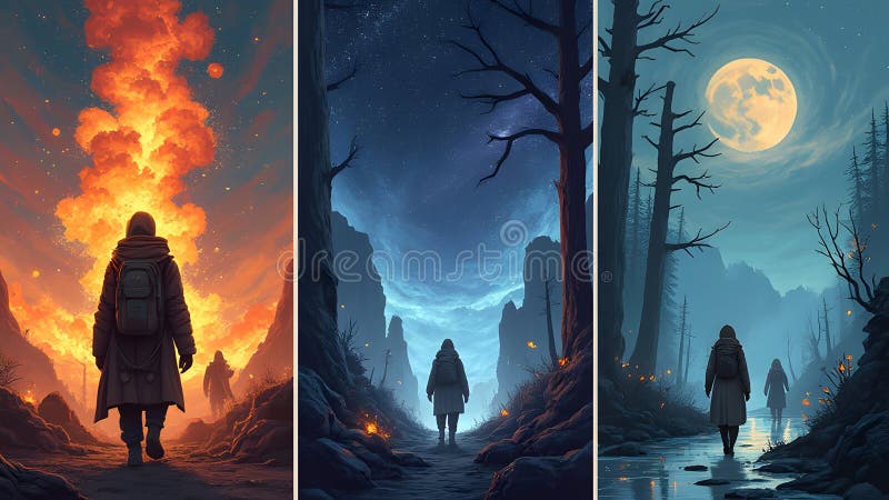 Fantasy Landscape with Man in the Forest, Fire and Full Moon Stock ...