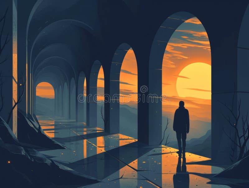 Fantasy Landscape with a Man Standing in the Archway. Illustration ...