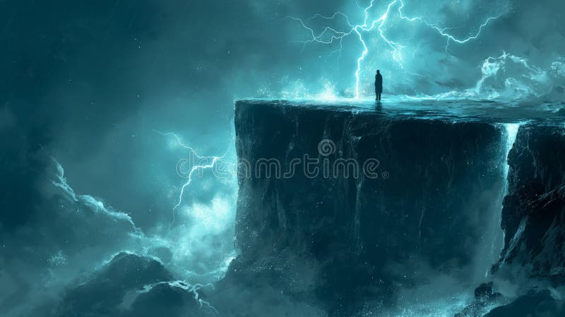 Fantasy Landscape with Man Standing on the Edge of a Cliff Stock ...