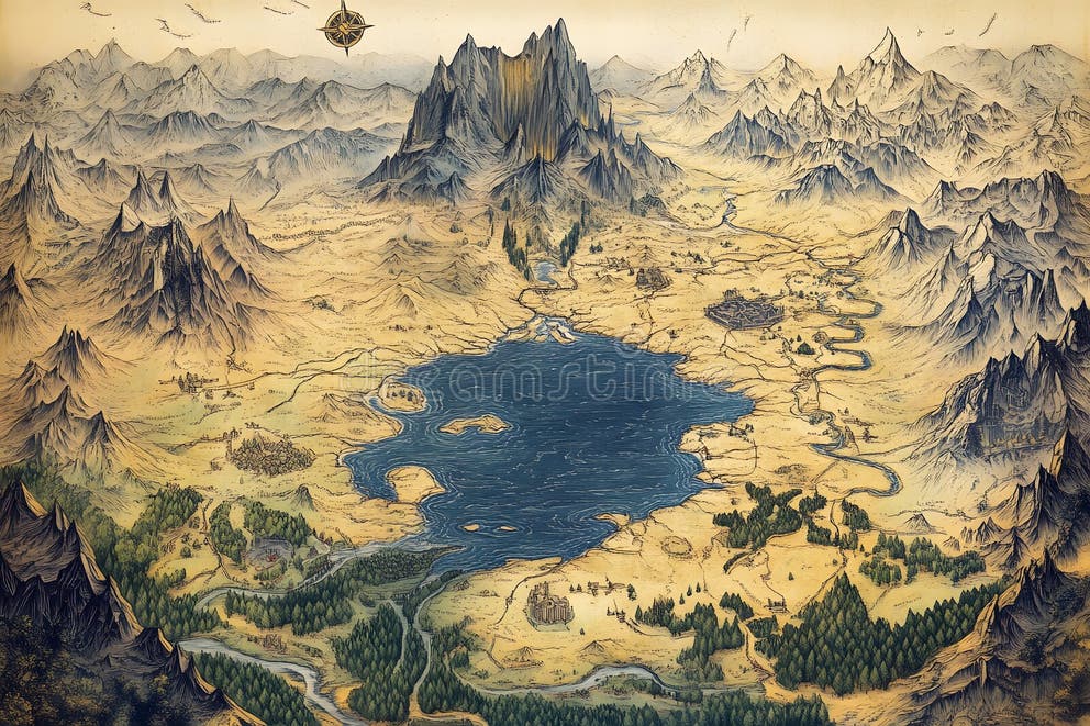 Fantasy Landscape Map: Mountains, Lake, Forests, and Rivers Stock Illustration - Illustration of ...