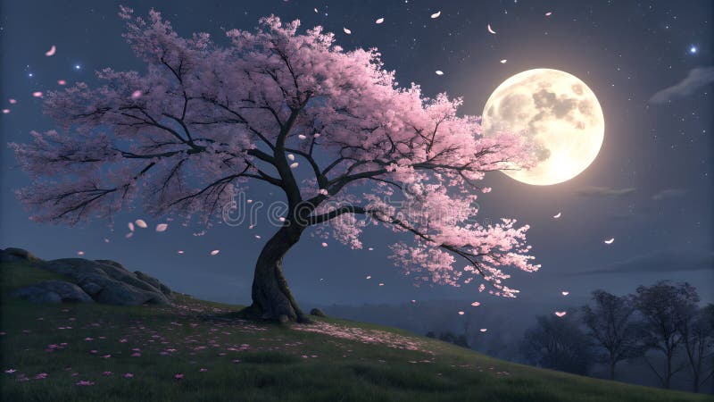 Fantasy Landscape with Moon and Cherry Blossom Tree Stock Illustration ...