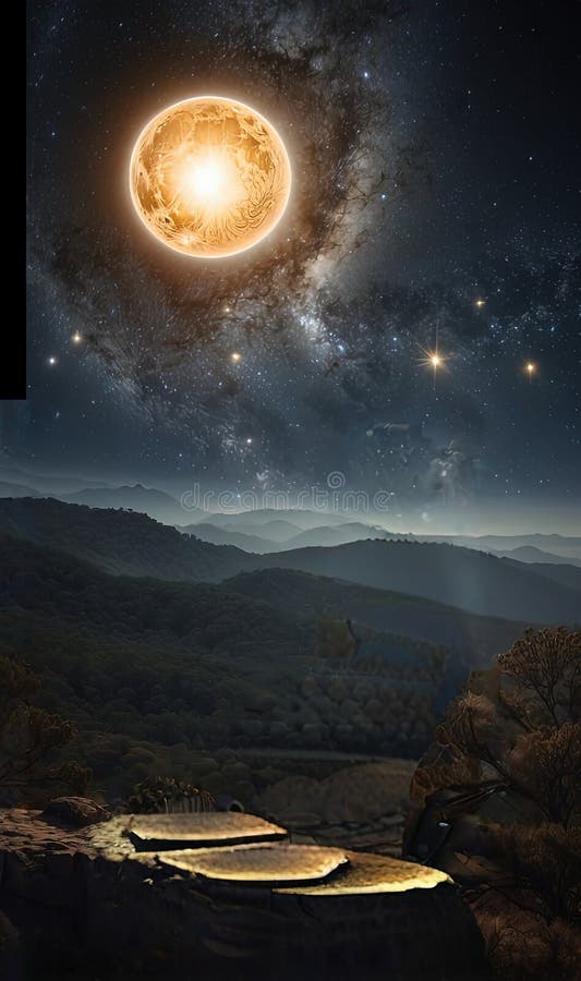 Fantasy Landscape with Moon and Stars Stock Illustration - Illustration ...