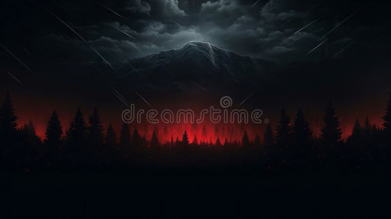 Fantasy Landscape with Mountain and Forest at Night. 3D Illustration ...