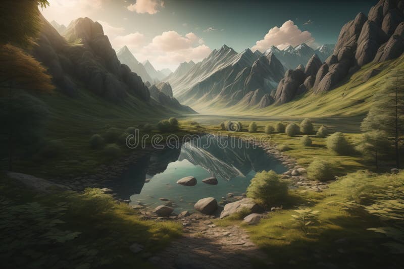 Fantasy Landscape. Mountain Lake in the Mountains Stock Illustration ...