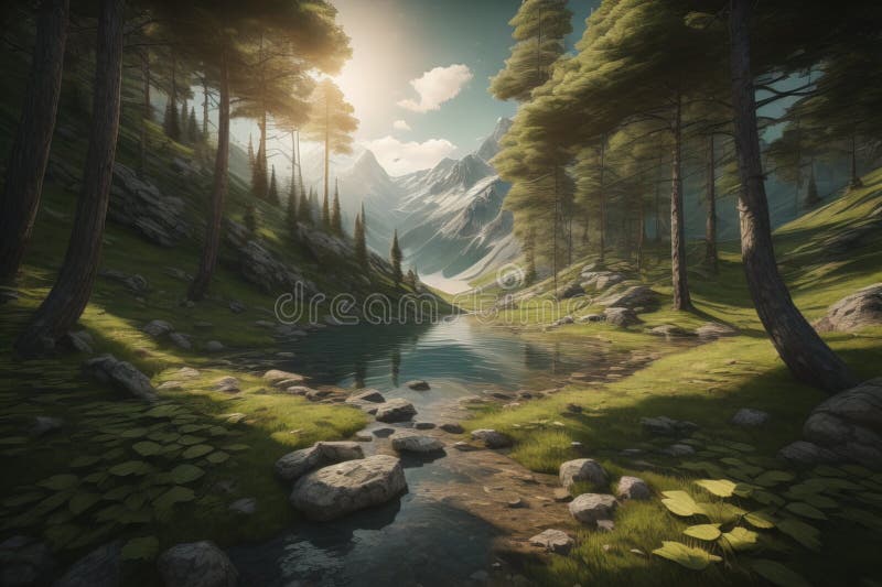 Fantasy Landscape with Mountain Lake and Pine Trees. Generative Ai ...