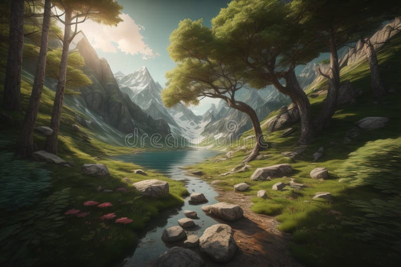 Fantasy Landscape with Mountain Lake and Pine Trees. Generative Ai ...