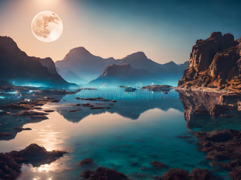 Mountain and Lake Under the Moonlight at Night Stock Illustration ...