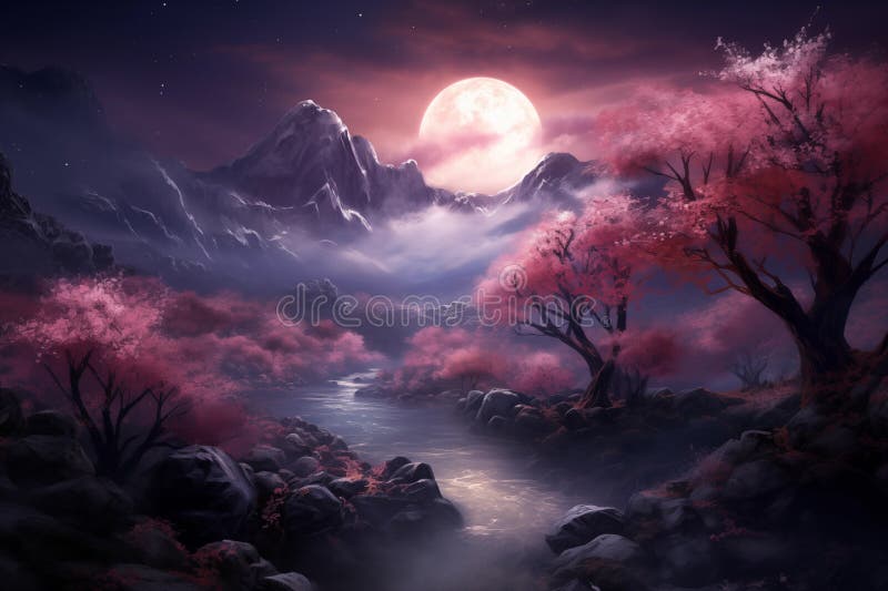 Fantasy Landscape with Mountain and River at Night. Full Moon ...