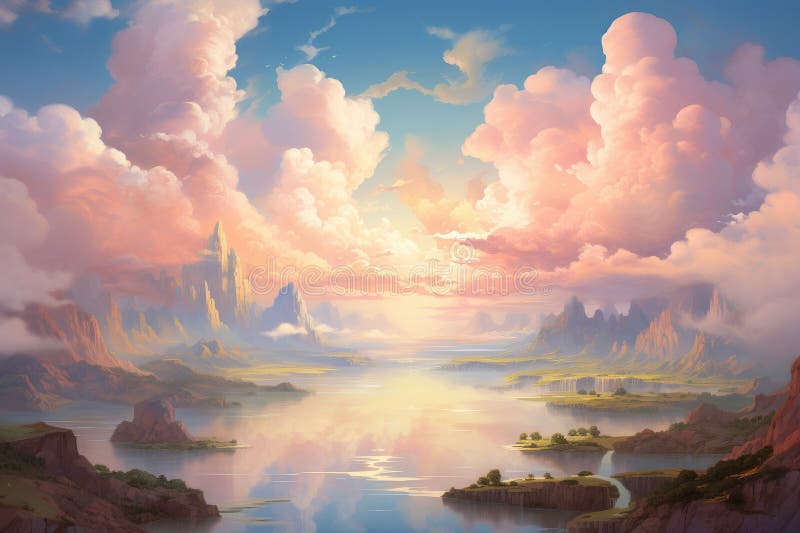 Fantasy Landscape with Fantasy Castles, Mountains and River. Digital ...