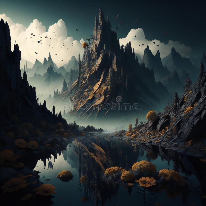 Fantasy Landscape of Mountains and Lake. Black and White Photo Stock ...