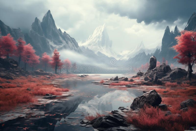 Fantasy Landscape with Mountains and Lake. Hyper Realistic Illustration ...