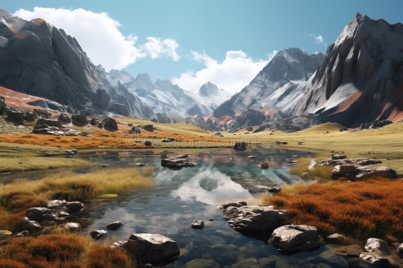 Fantasy Landscape with Mountains and Lake. Hyper Realistic Illustration ...