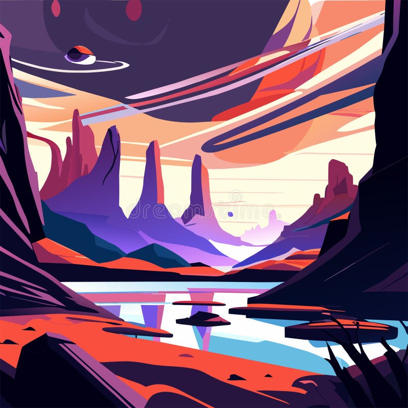 Fantasy Landscape with Sea and Starry Sky. Vector Illustration Stock ...