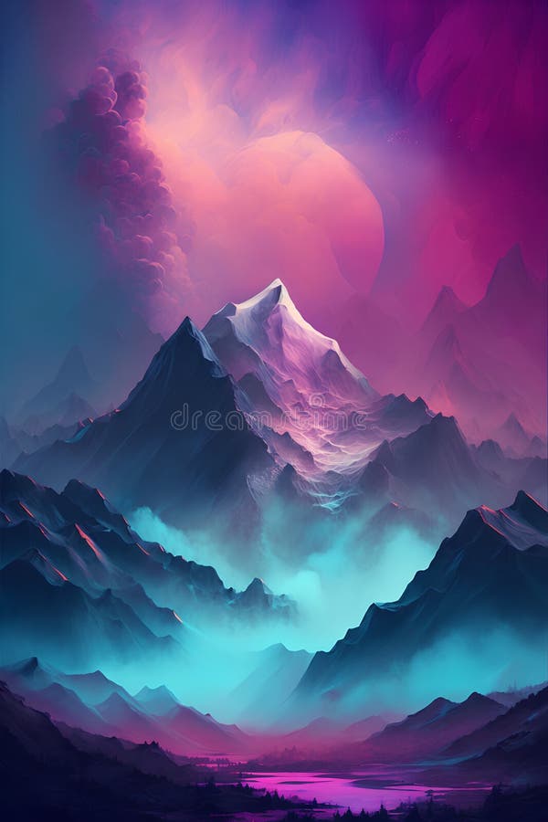 Fantasy Landscape with Mountains, Lake and Sky. Vector Illustration ...