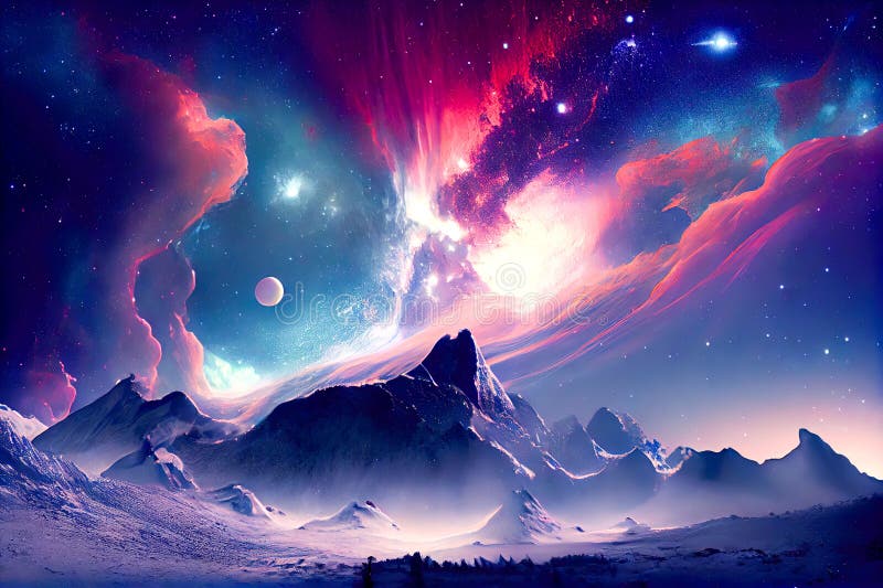 Fantasy Landscape with Mountains, Nebula and Stars. Generative AI Stock ...