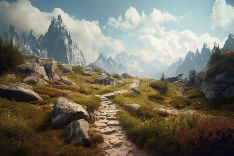 Fantasy Landscape with Mountains and Path in the Foreground. Generative ...
