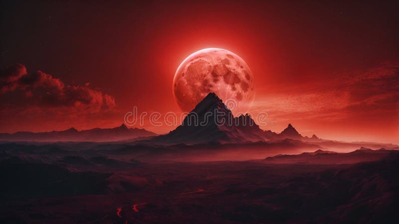 Fantasy Landscape with Mountains and Red Full Moon Stock Illustration ...