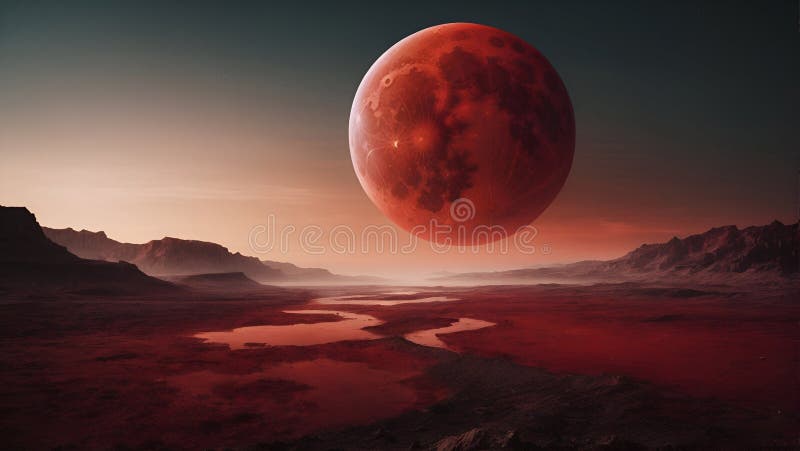 Fantasy Landscape with Mountains and Red Full Moon Stock Illustration ...