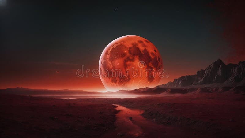 Fantasy Landscape with Mountains and Red Full Moon Stock Illustration ...