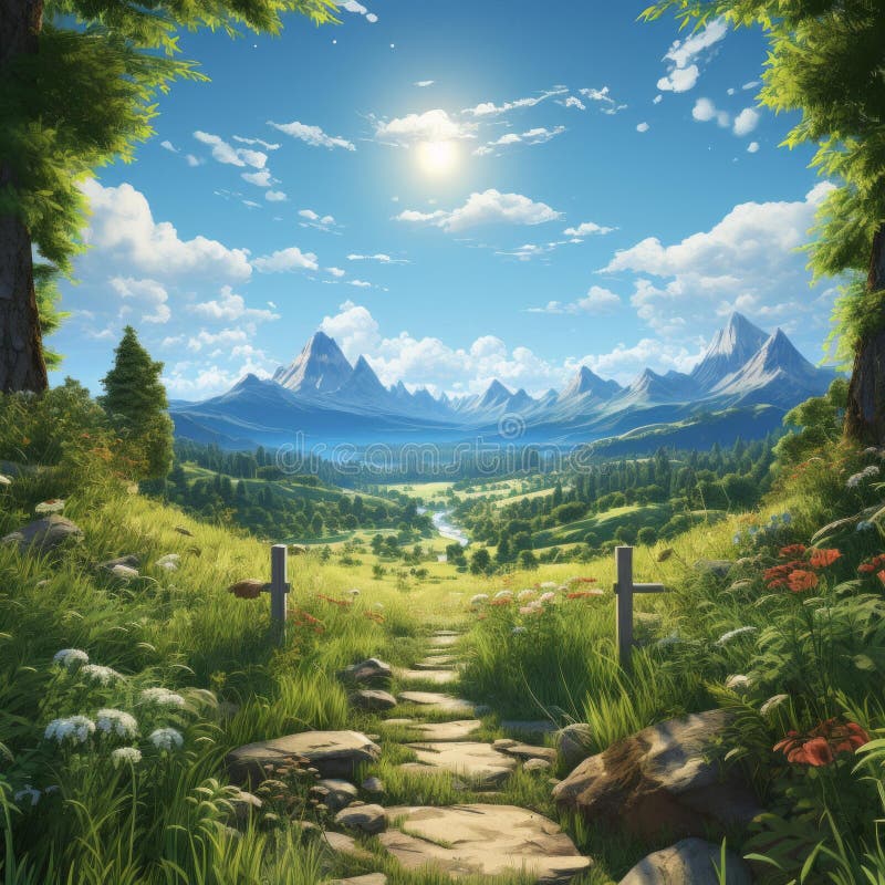 Fantasy Landscape with Mountains and River Generated Using AI. Stock ...