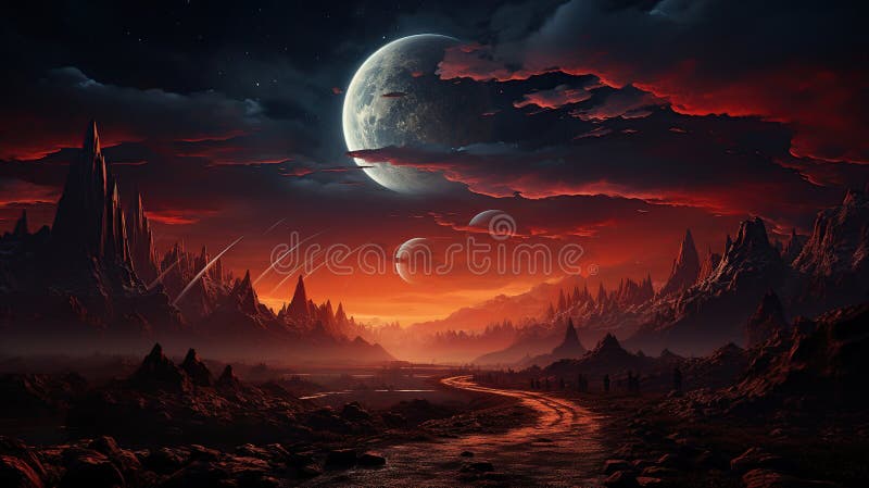 Fantasy Landscape with Mountains, River and the Moon Stock Illustration ...
