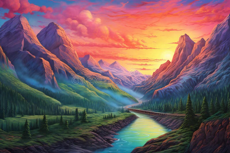 Fantasy Landscape with Mountains and River at Sunset, Digital Painting ...