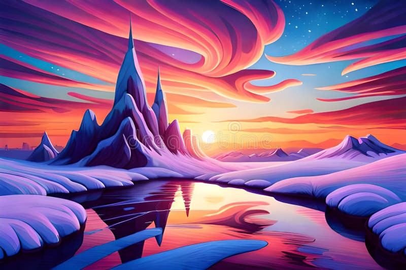 Fantasy Landscape with Mountains, River and Sunset, Winter Illustration ...
