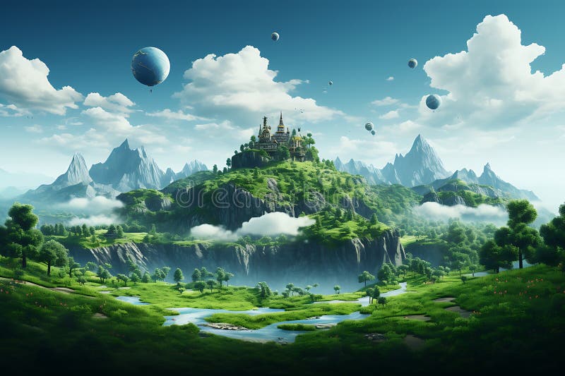 Fantasy Landscape with Mountains, Trees and Moon. 3d Rendering Stock ...