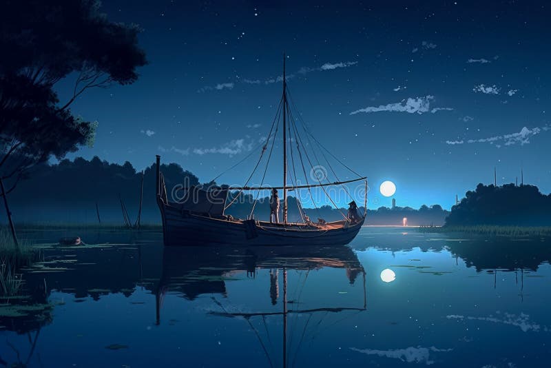 Fantasy Landscape with Old Ship on the Lake at Night. Generative AI ...