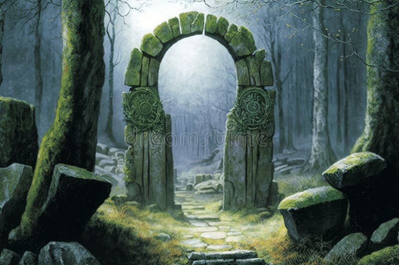 Fantasy Landscape with Old Stone Gate in the Forest at Night ...