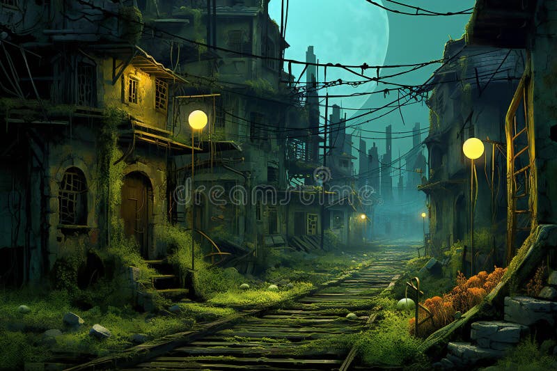 Fantasy Landscape with Old Town at Night Stock Illustration ...