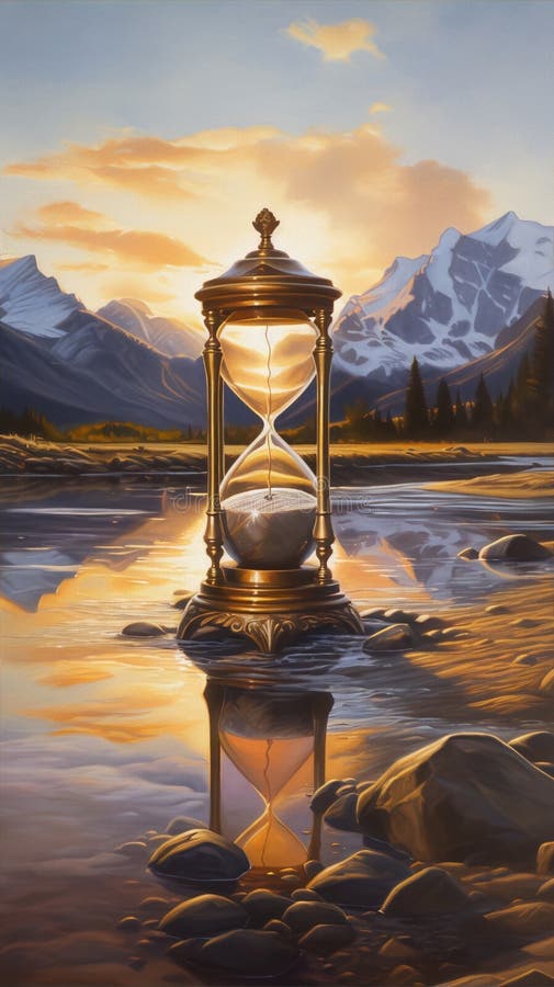Fantasy Landscape Painting of an Hourglass Timer in a River at Sunset ...