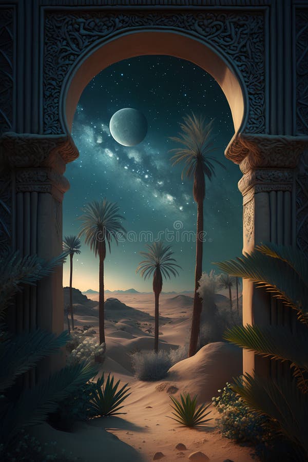 Fantasy Landscape with Palm Trees and Moon. 3D Illustration Stock ...