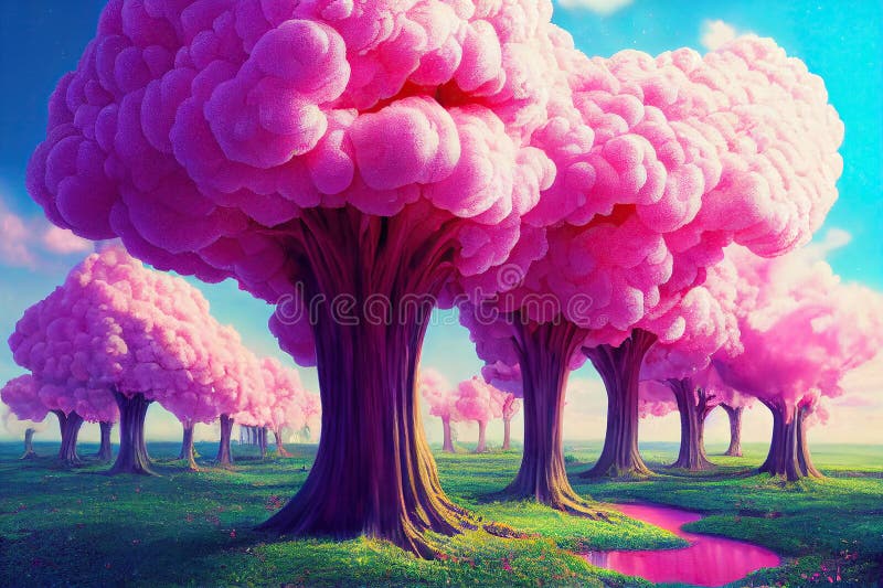 Fantasy Landscape with Pink Cotton Candy Trees Stock Illustration ...