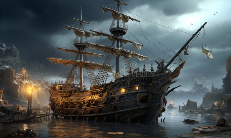 Fantasy Landscape with a Pirate Ship in the Sea. 3d Render. Stock ...
