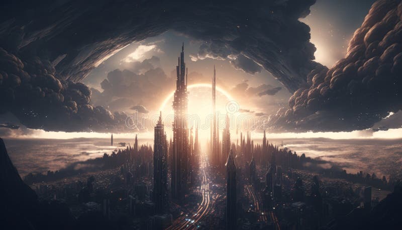 Fantasy Landscape with Planet and City. Generative AI Stock ...