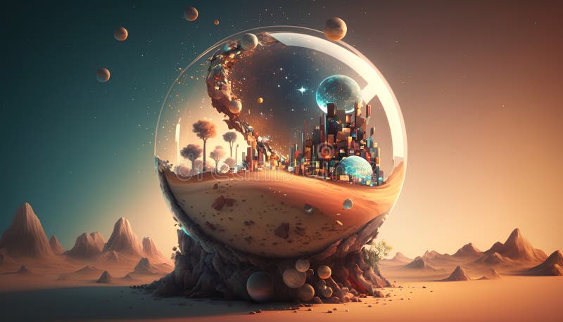 Fantasy Landscape with Planet and City in a Glass Sphere. 3d Rendering Stock Illustration ...