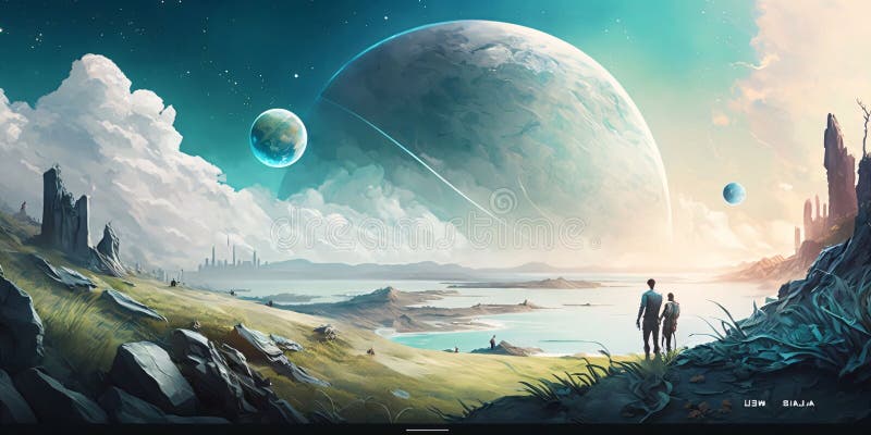 Fantasy Landscape with Planet, Man and Woman. 3d Rendering Stock Vector ...