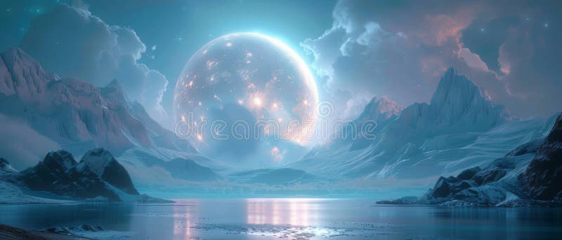 This is a Fantasy Landscape with a Planet, Neon Light, and Cold Planet ...