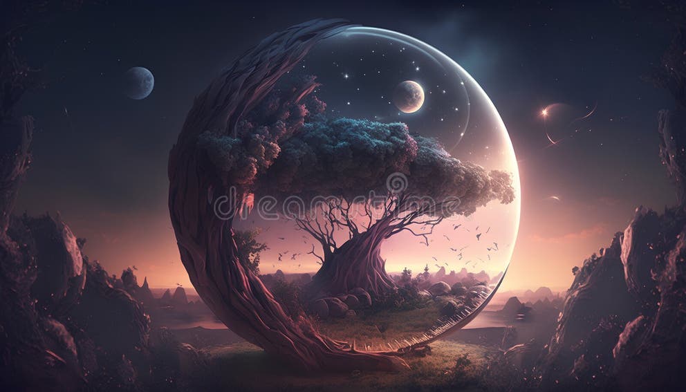 Fantasy Landscape with Fantasy Planet and Tree. 3d Illustration Stock ...