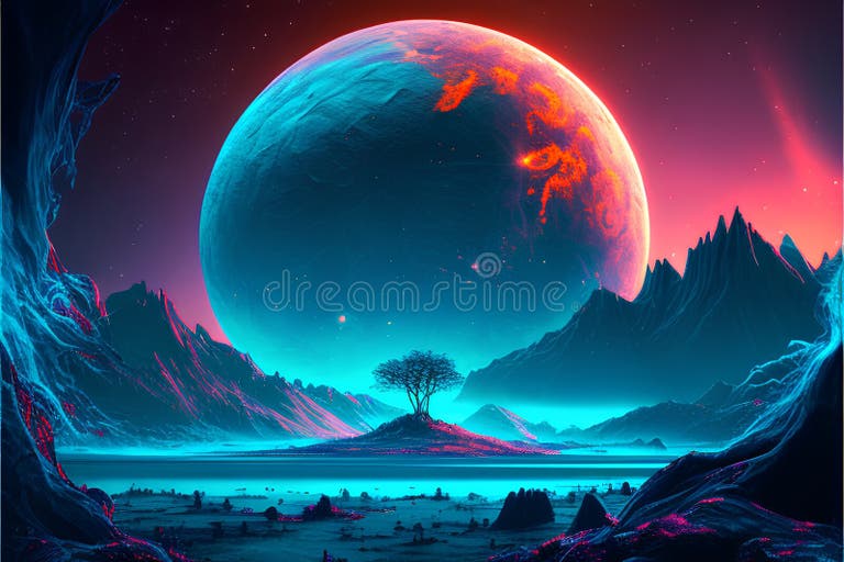 Fantasy Landscape with Planet and Tree. 3d Illustration in Neon Style ...