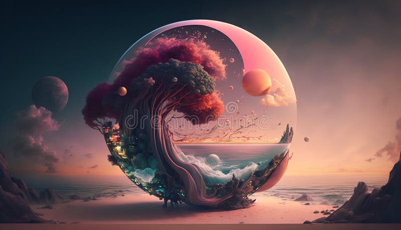 Fantasy Landscape with Planet and Tree. 3d Render Illustration Stock ...