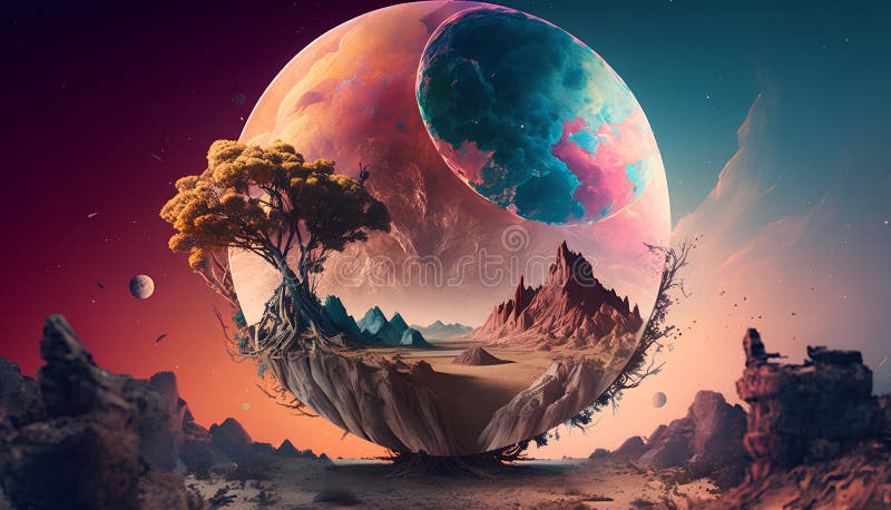 Fantasy Landscape with Planet and Tree. 3d Render Illustration Stock ...