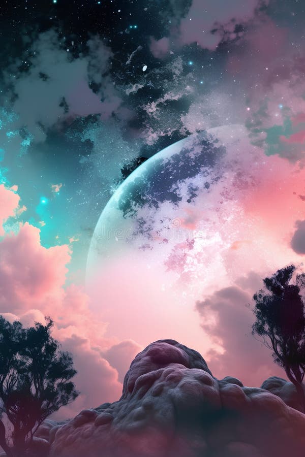 Fantasy Landscape with Planet and Trees. 3D Illustration. Copy Space ...