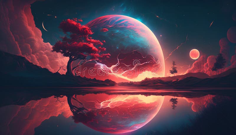 Fantasy Landscape with Planet, Trees and Fire. 3d Illustration Stock ...