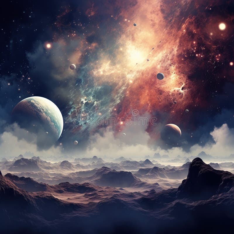 Fantasy Landscape with Planets in Deep Space Stock Illustration ...
