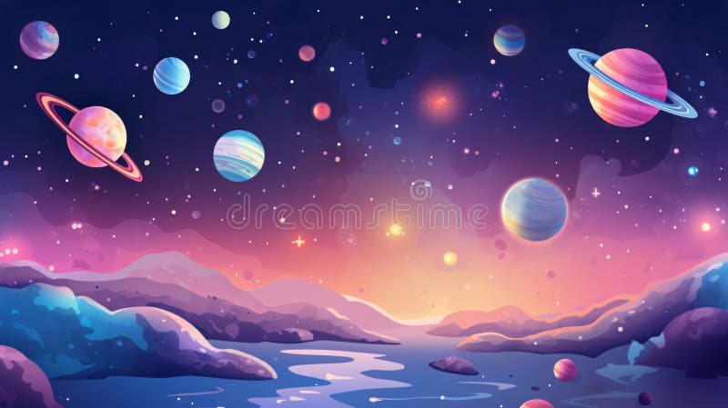 Fantasy Landscape with Planets, River and Stars. Vector Illustration ...