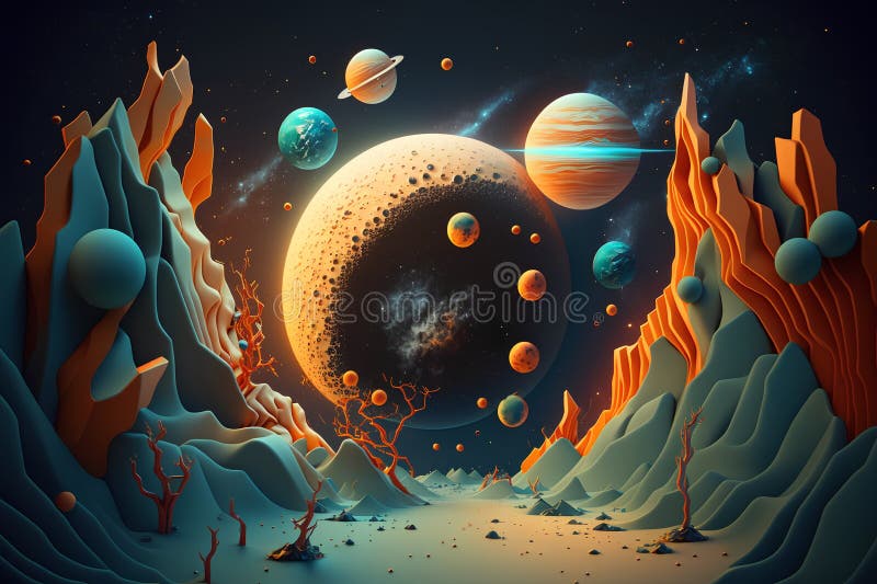 Fantasy Landscape with Planets and Rocks. Vector Illustration in ...